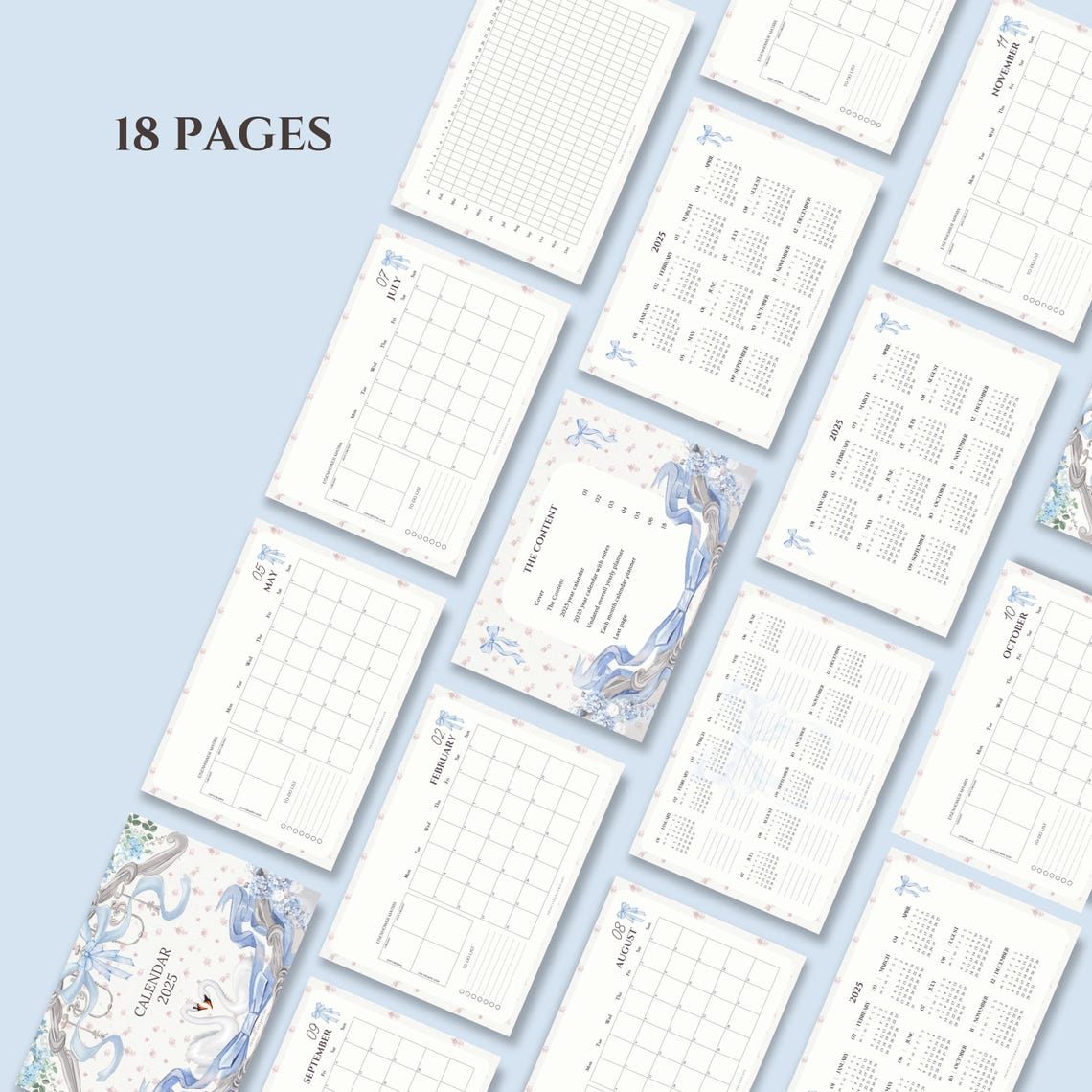 2025 Printable Calendar Template Blue Digital Download Bow Planner 2025 ...