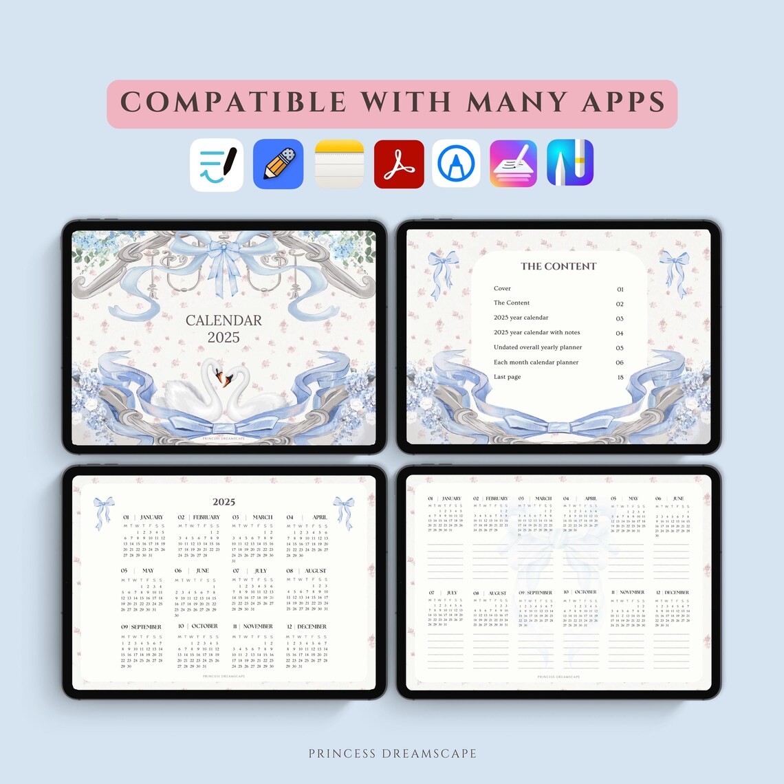 2025 Printable Calendar Template Blue Digital Download Bow Planner 2025 ...