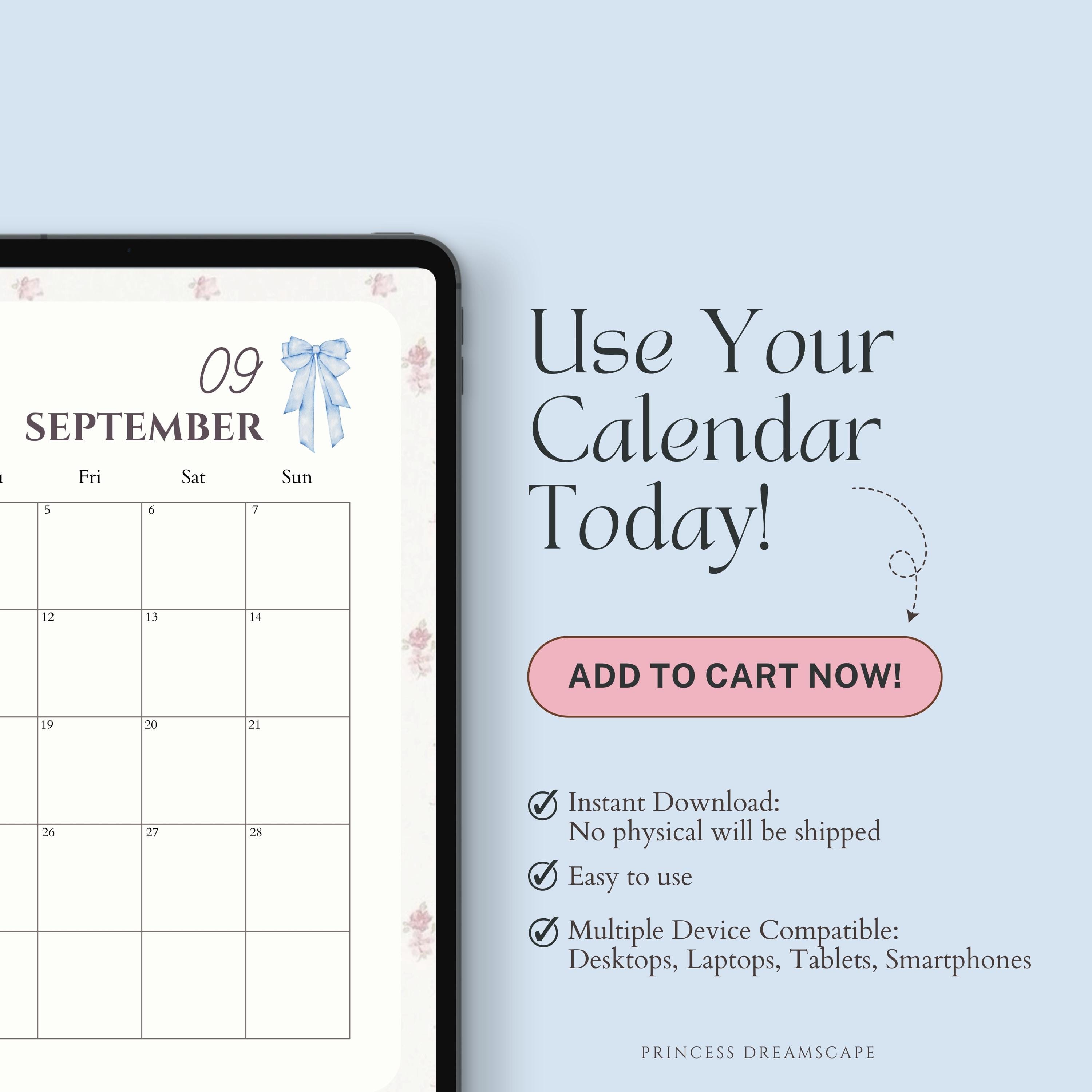 2025 Printable Calendar Template Blue Digital Download Bow Planner 2025 ...