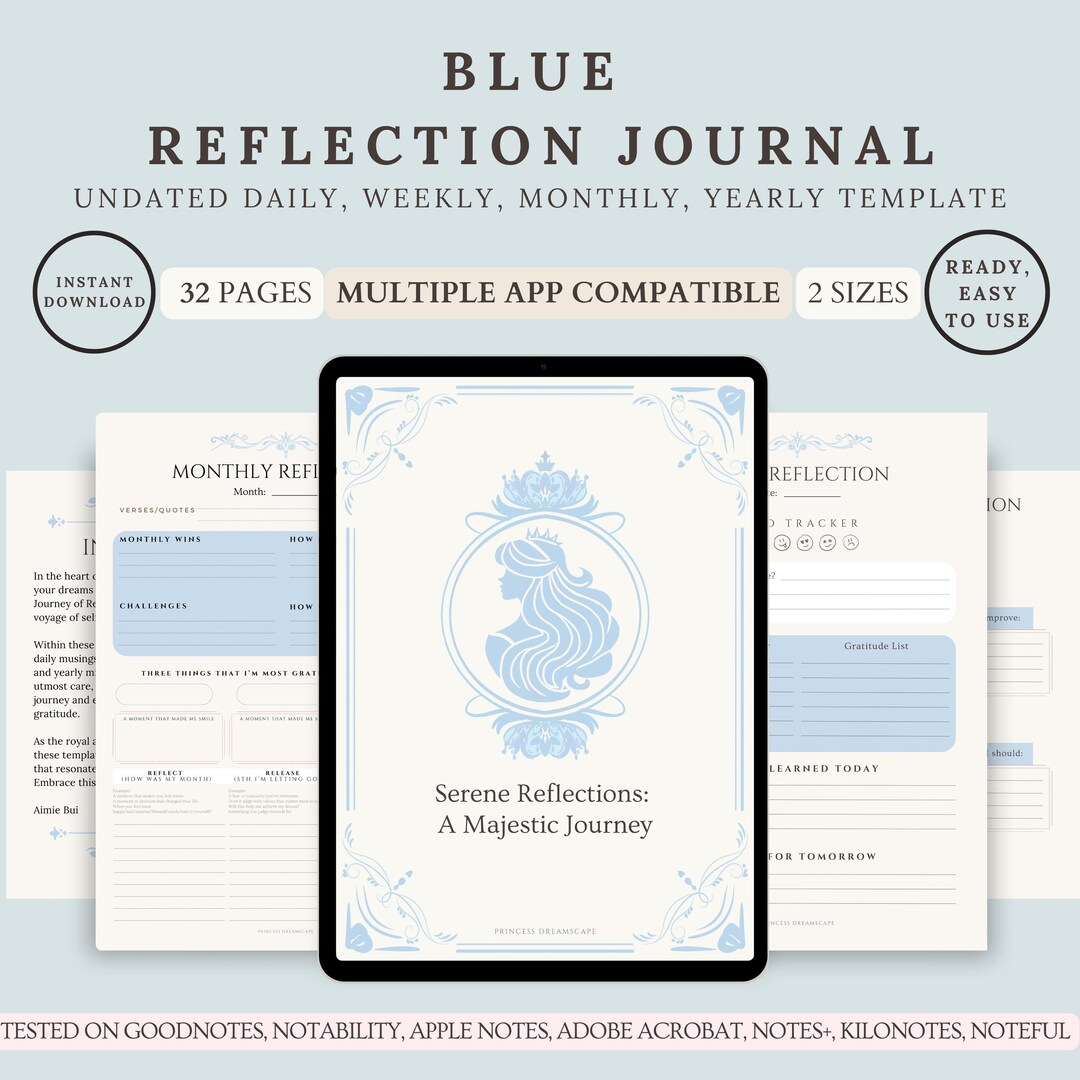 Digital Reflection Journal Printable Planner Bundle Blue Princess ...