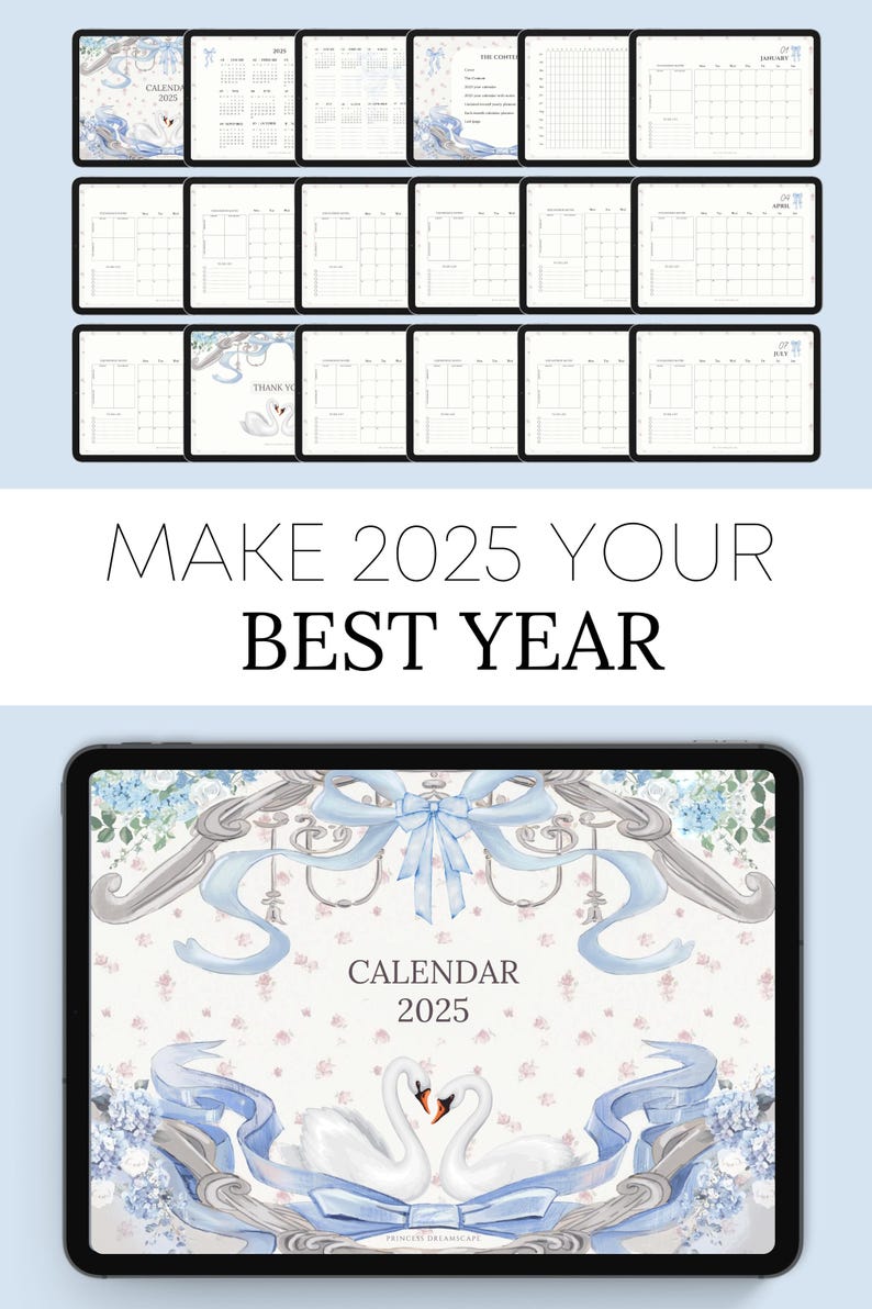 2025 Printable Calendar Template Blue Digital Download Bow Planner 2025 ...