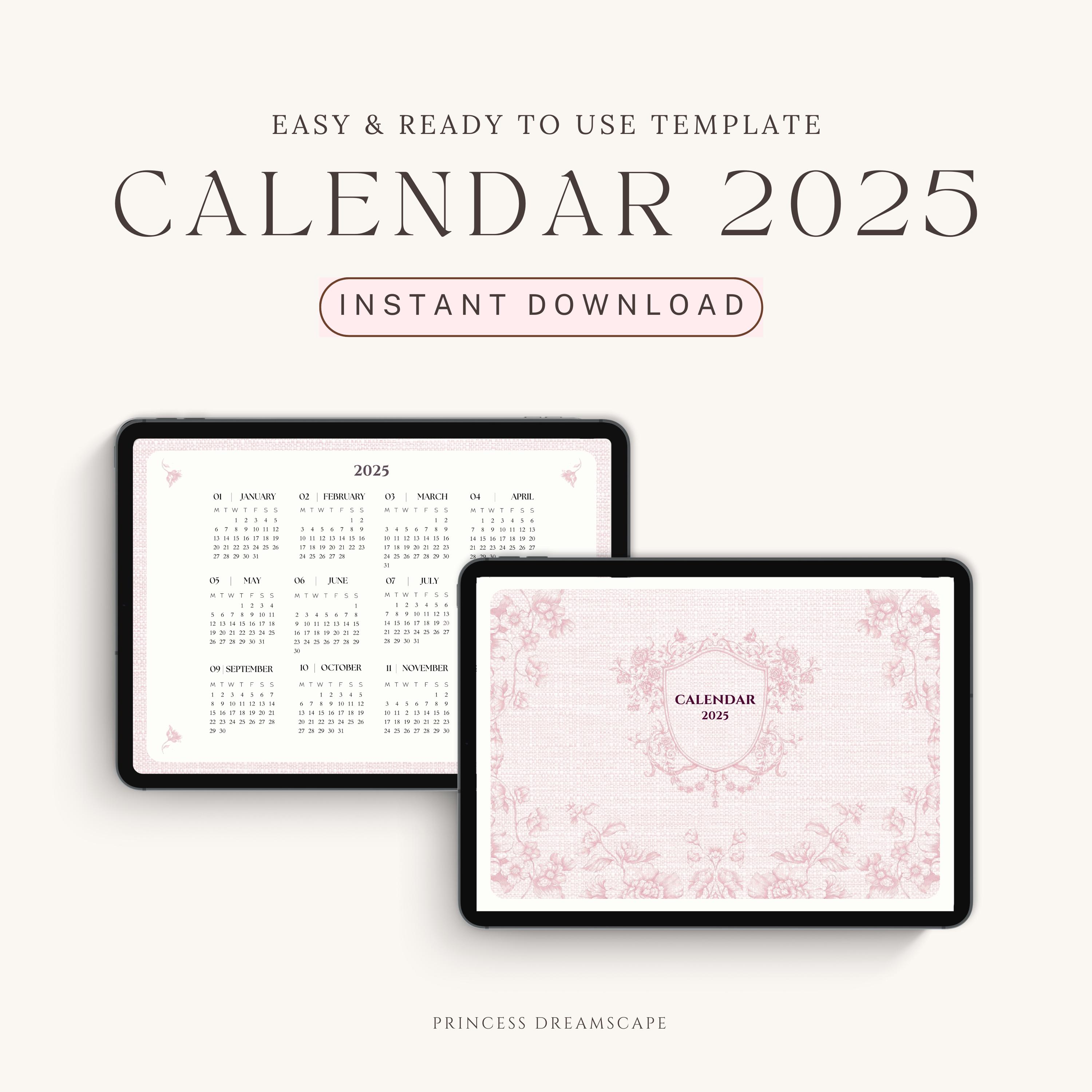 2025 Year Calendar Template Digital Pink Student Calendar Yearly ...