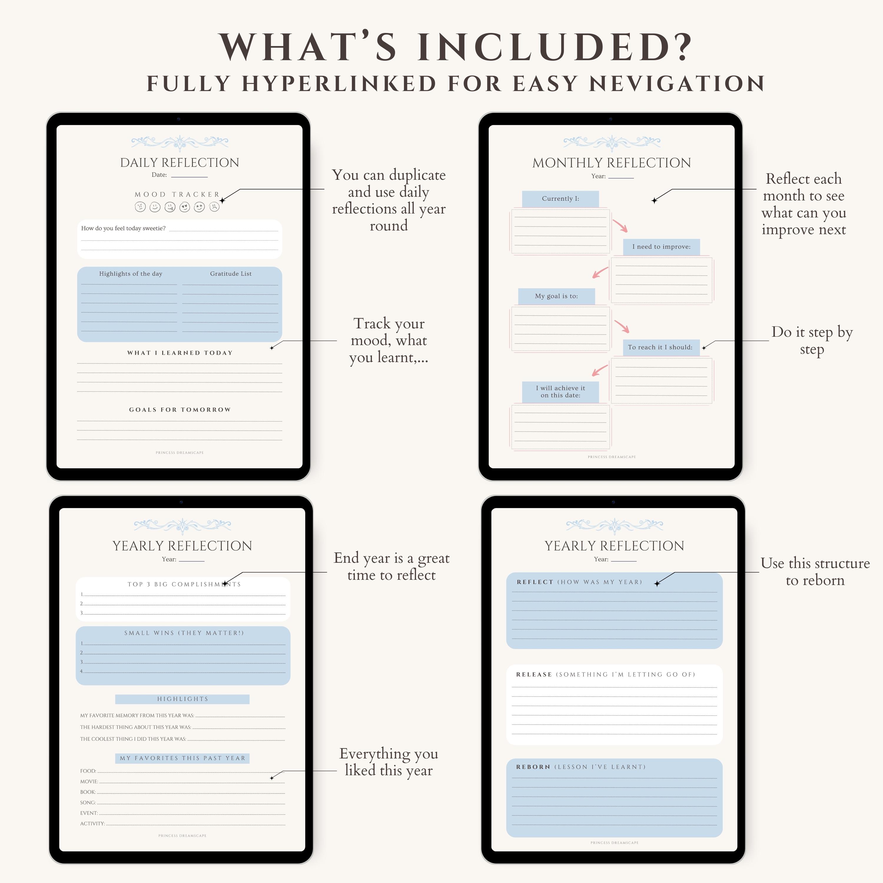 Digital Reflection Journal Printable Planner Bundle Blue Princess ...
