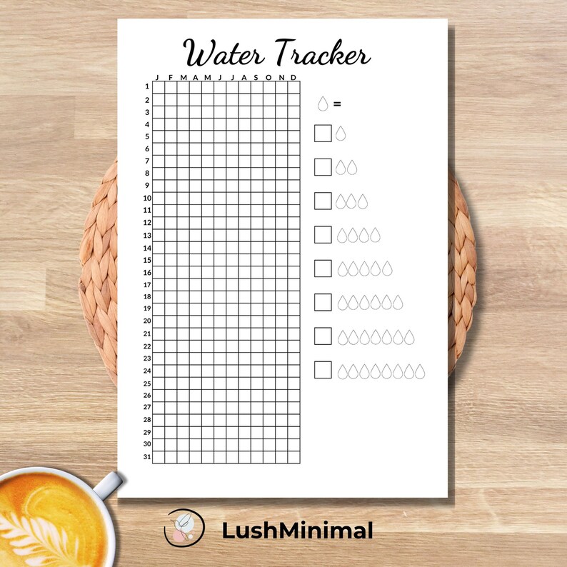 Water Intake Tracker Printable PDF Daily Chart Hydration Log Bullet ...
