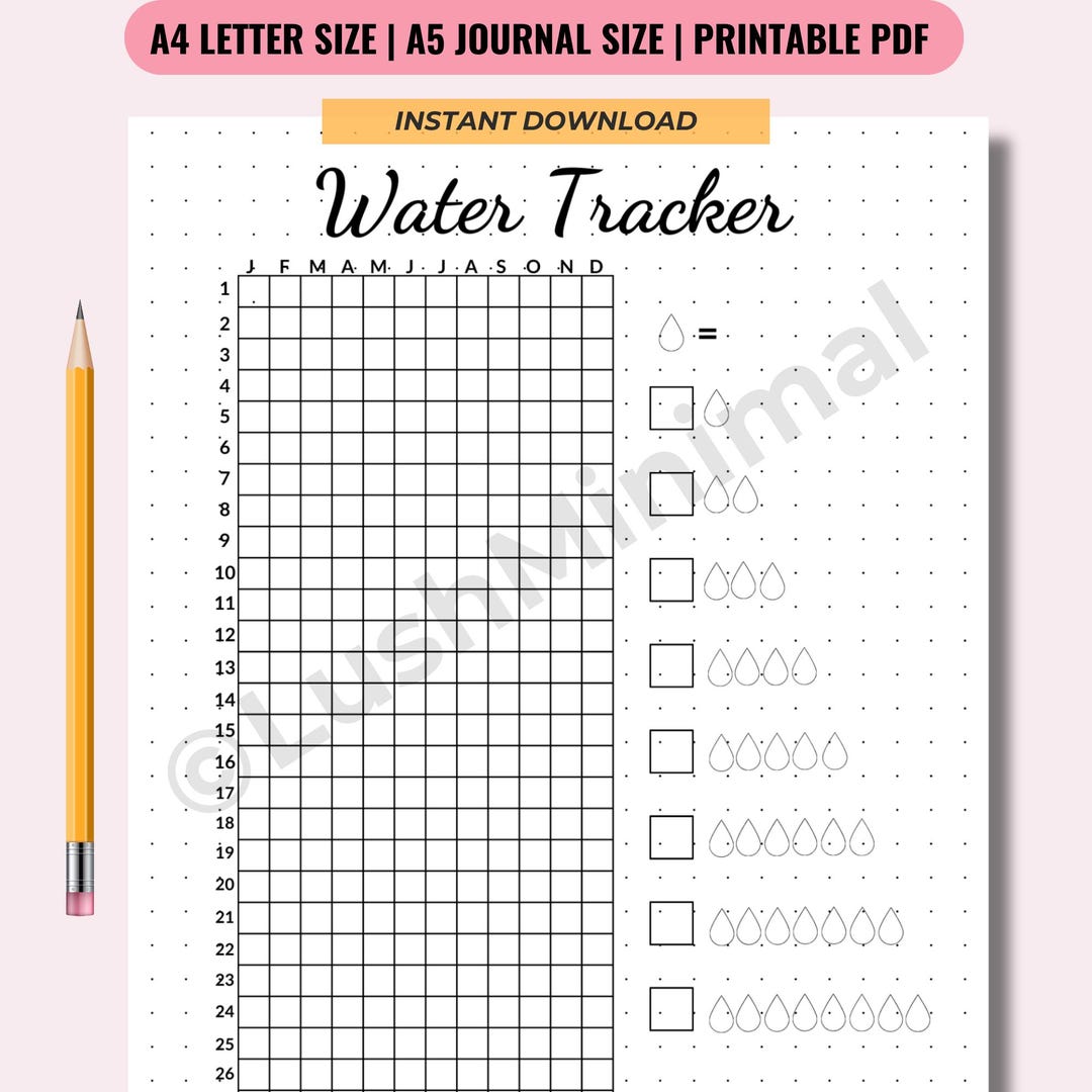 Water Intake Tracker Printable PDF Daily Chart Hydration Log Bullet ...