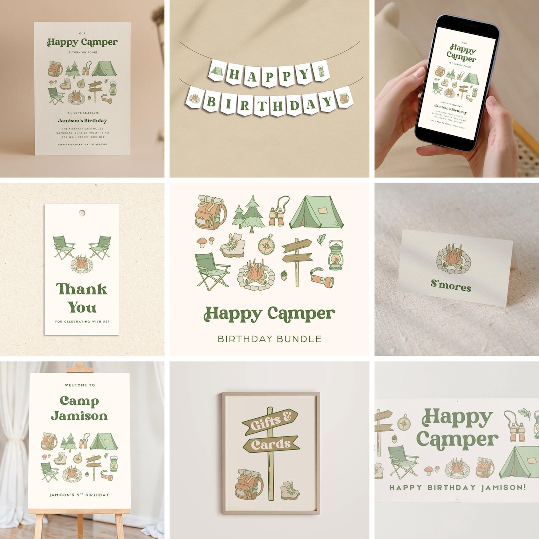 Happy Camper Birthday Party Template Bundle | Camping Theme Party ...