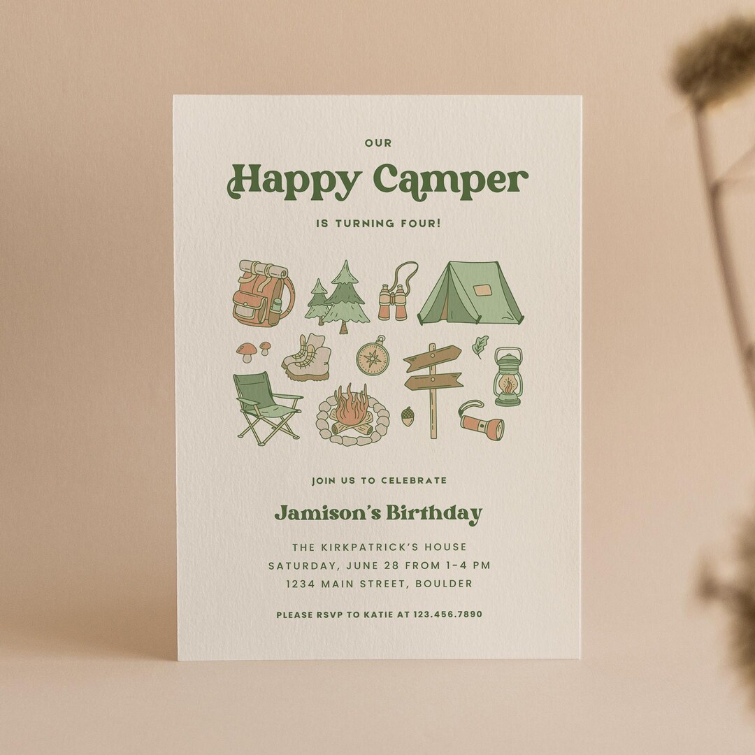 Happy Camper Birthday Invitation: Editable Camping Party Template ...