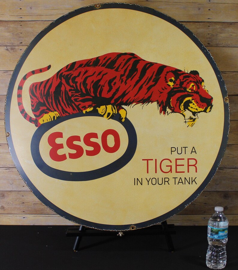 XL Vintage Porcelain Enamel Sign Esso Tiger Exxon Oil Gasoline - Etsy