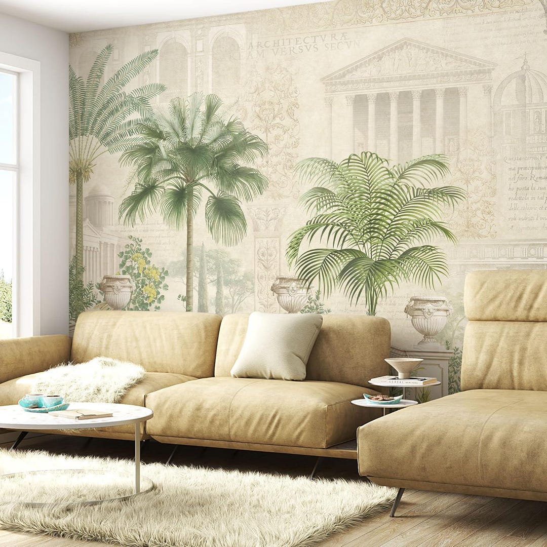 Roman Architecture Wall Mural, Vintage Palm Tree Wallpaper ...