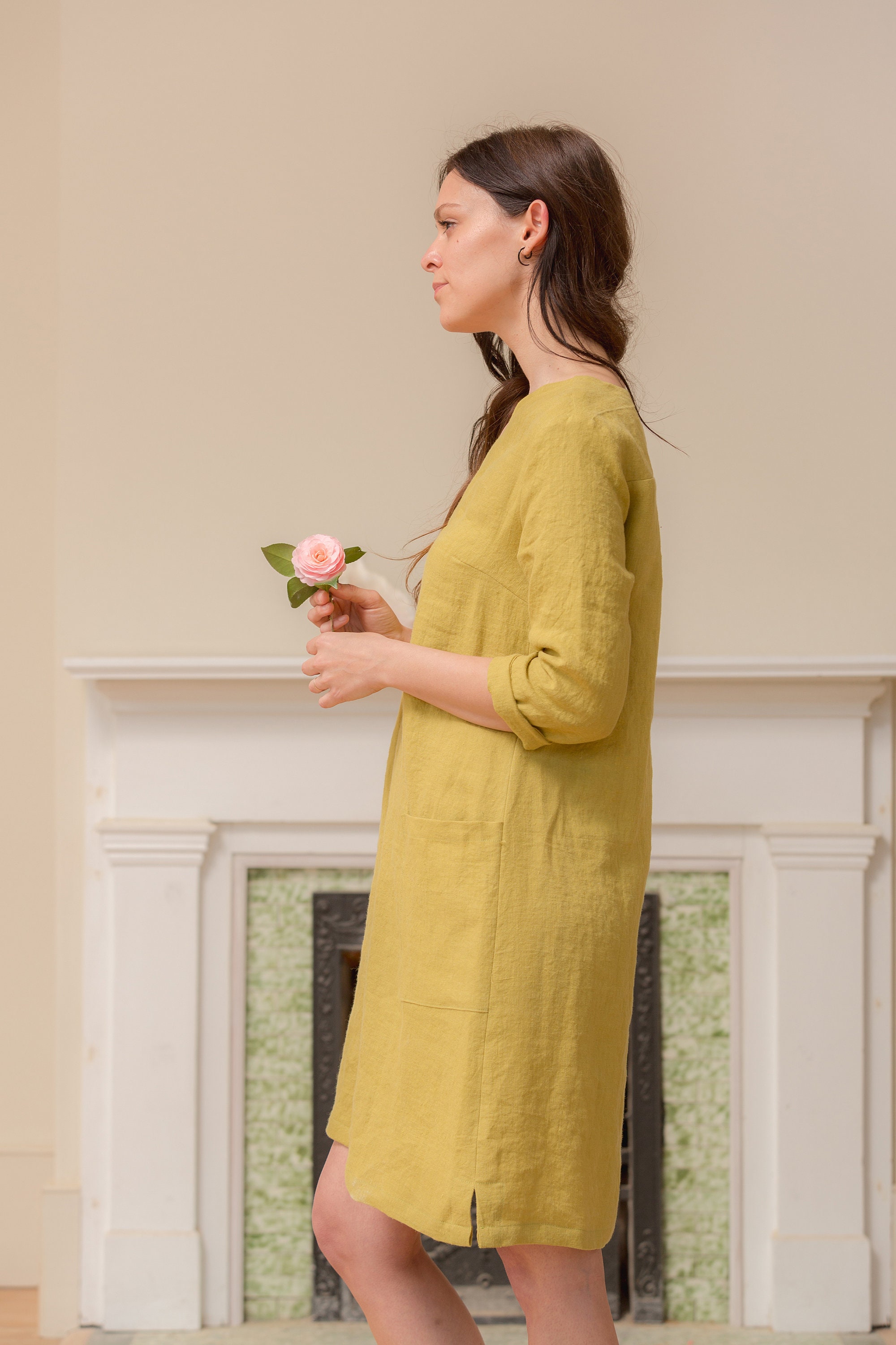 Linen V Neck Linen Shift Dress 34 Sleeve Relaxed Fit Pockets