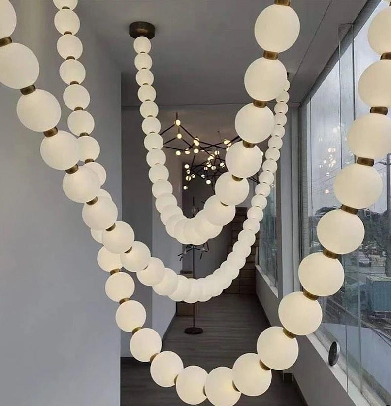 Pearl Necklace Pendant Light, Modern Brass Milky Glass Pendant ...