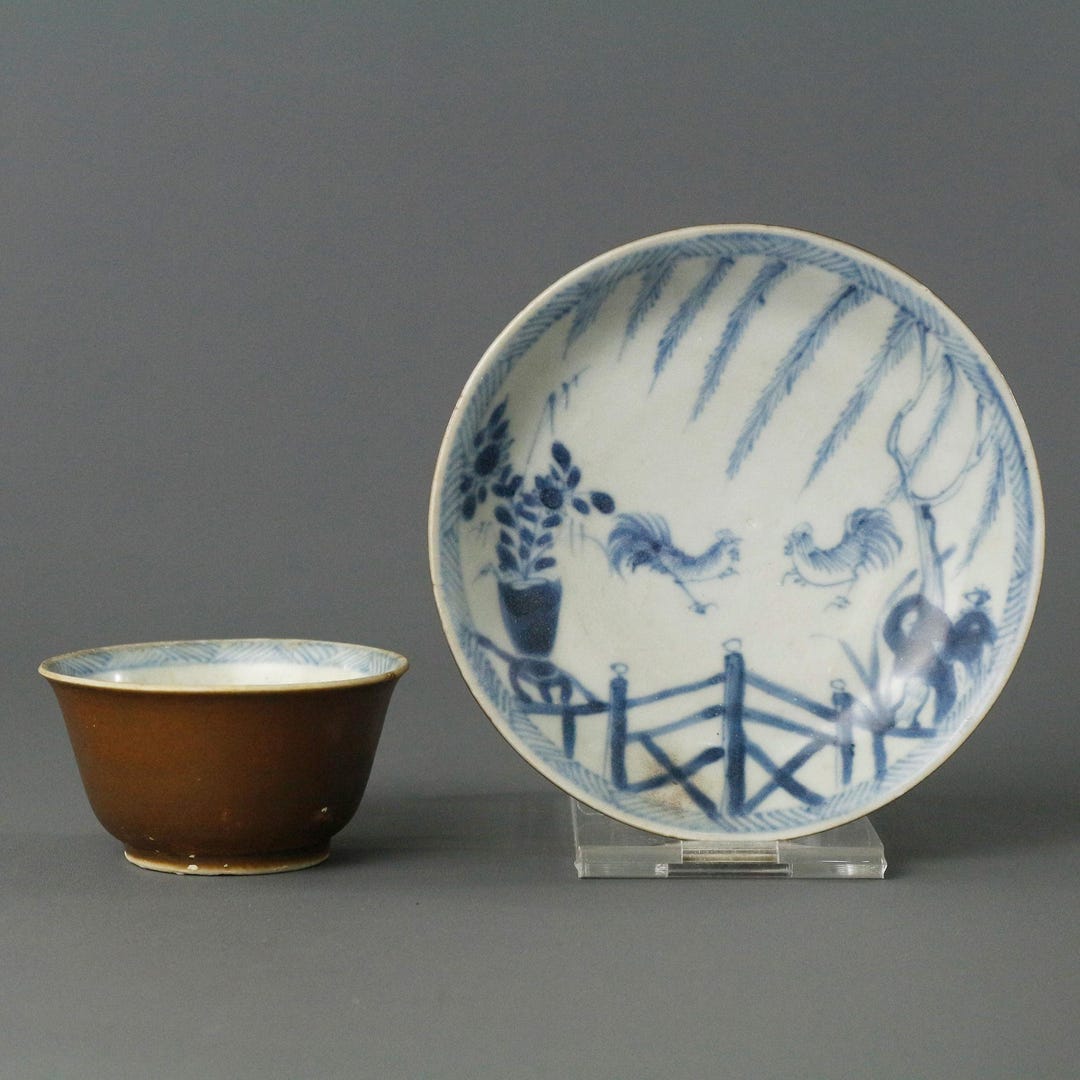 Antique Chinese Batavia Blue and White Porcelain Roosters Cup and ...