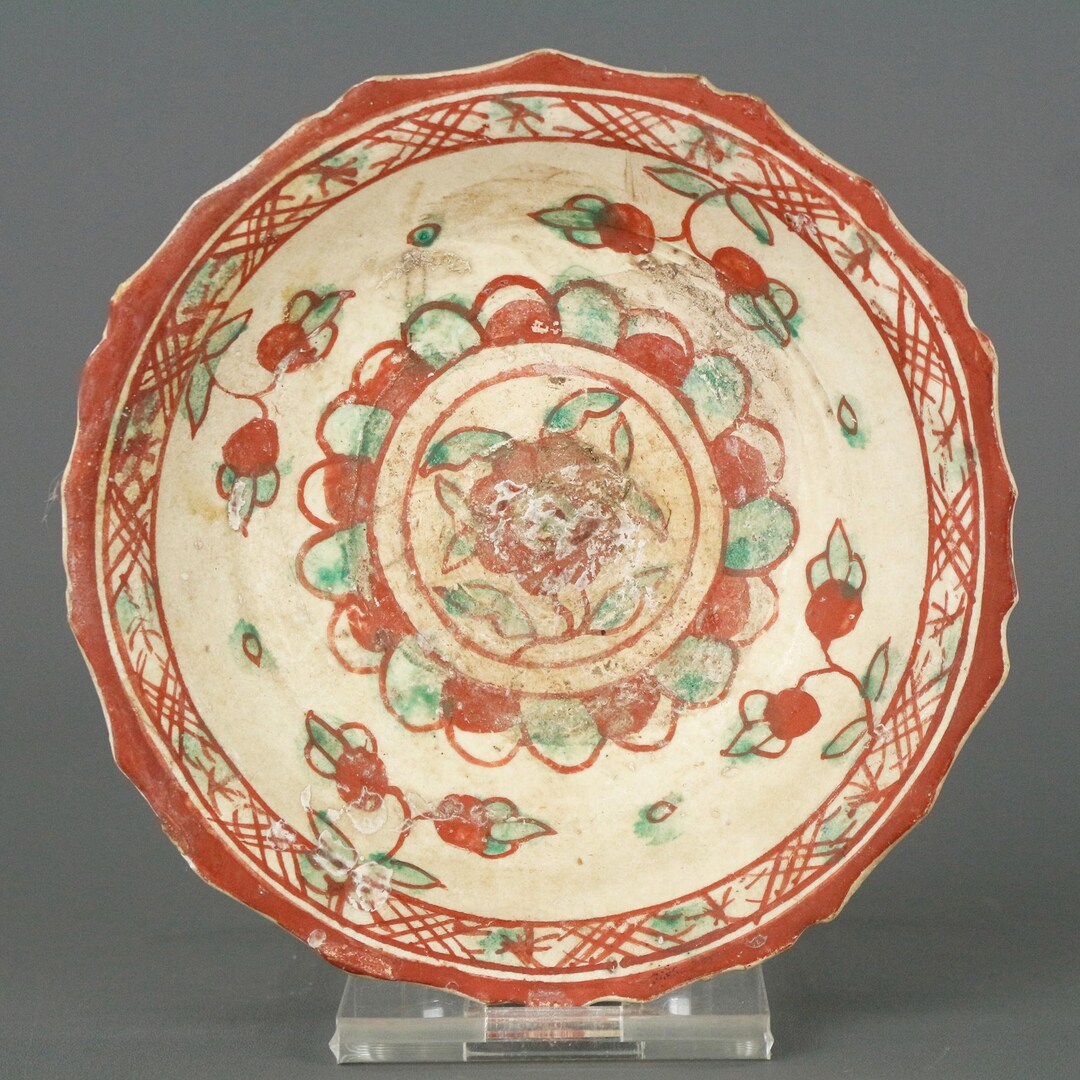 Antique Vietnam Annamese Polychrome Floral Ceramic Plate With Foliated ...