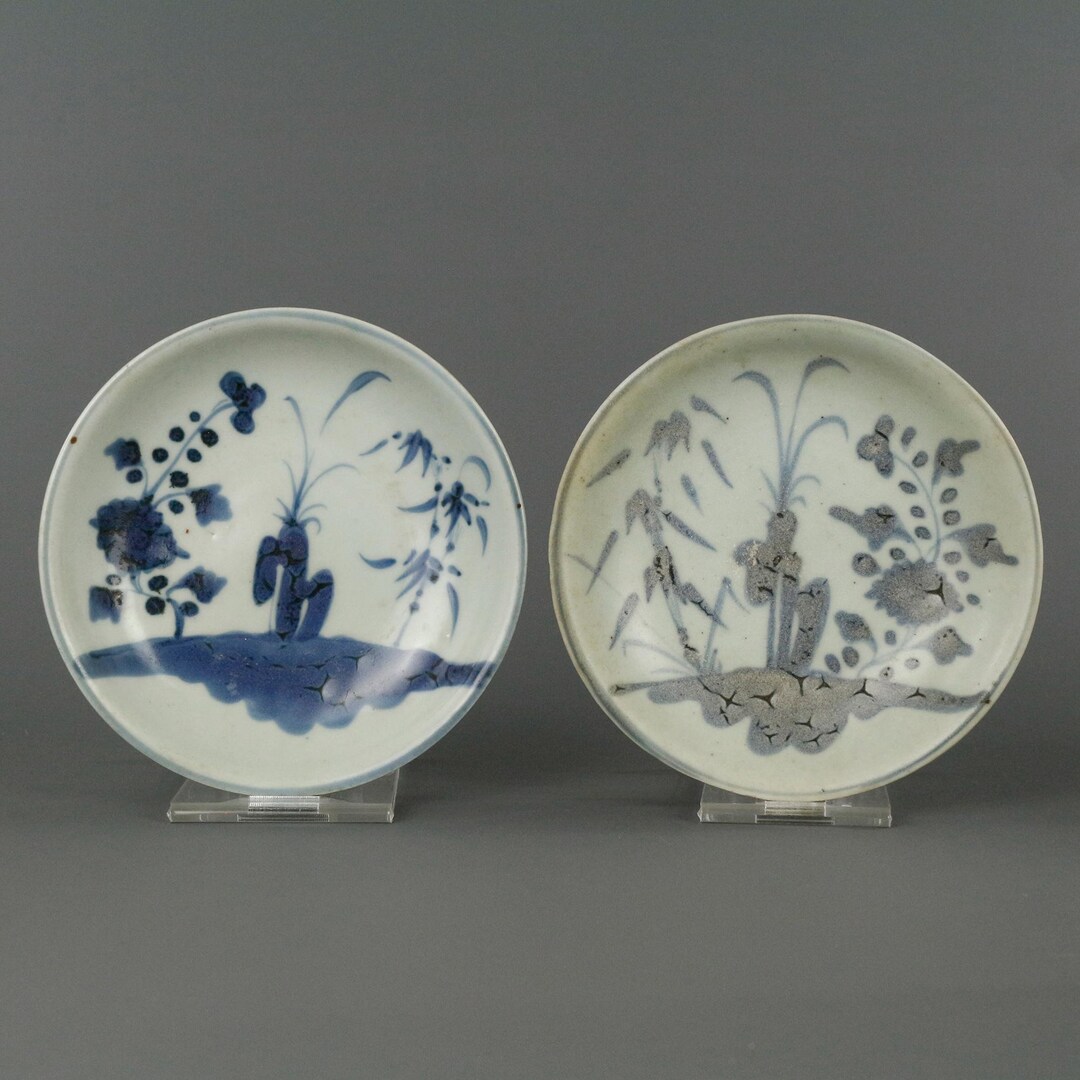 Two Antique Chinese Blue & White Porcelain Floral Design Plate - Qing ...