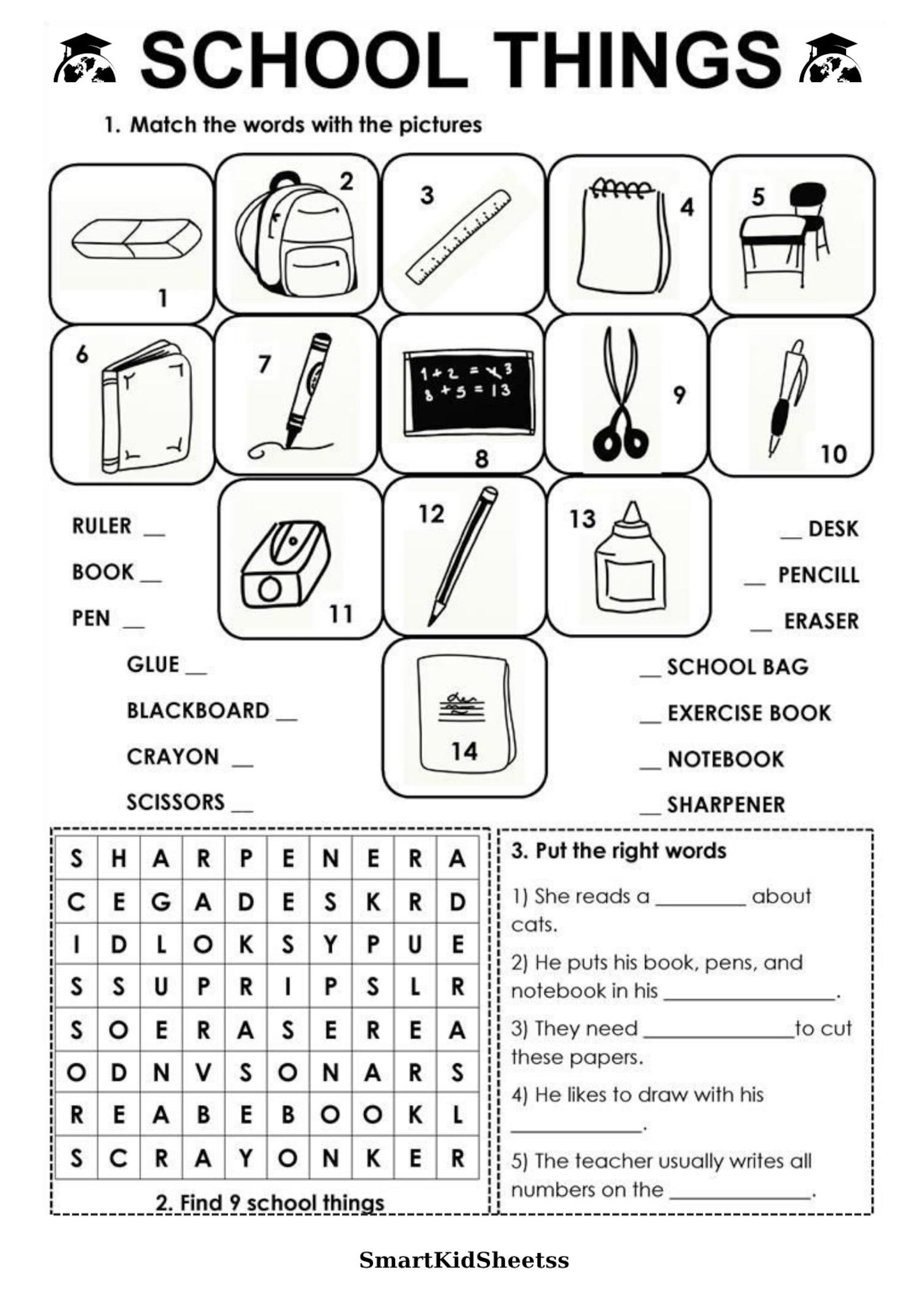 School Things Worksheet for Kids | English Vocabulary Activity ...