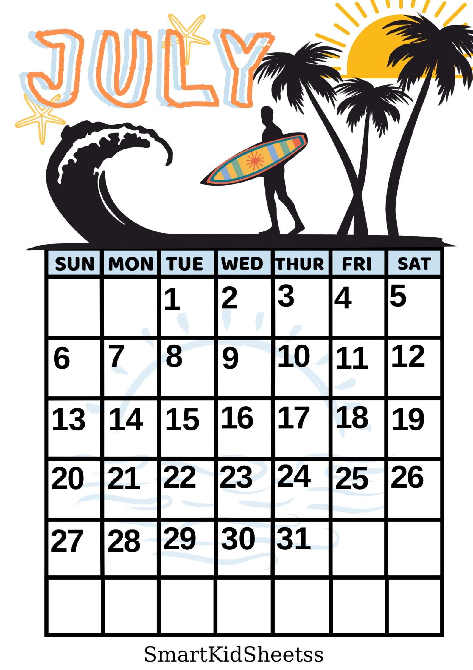 July 2025 Printable Calendar - Surfing & Beach Theme - Etsy