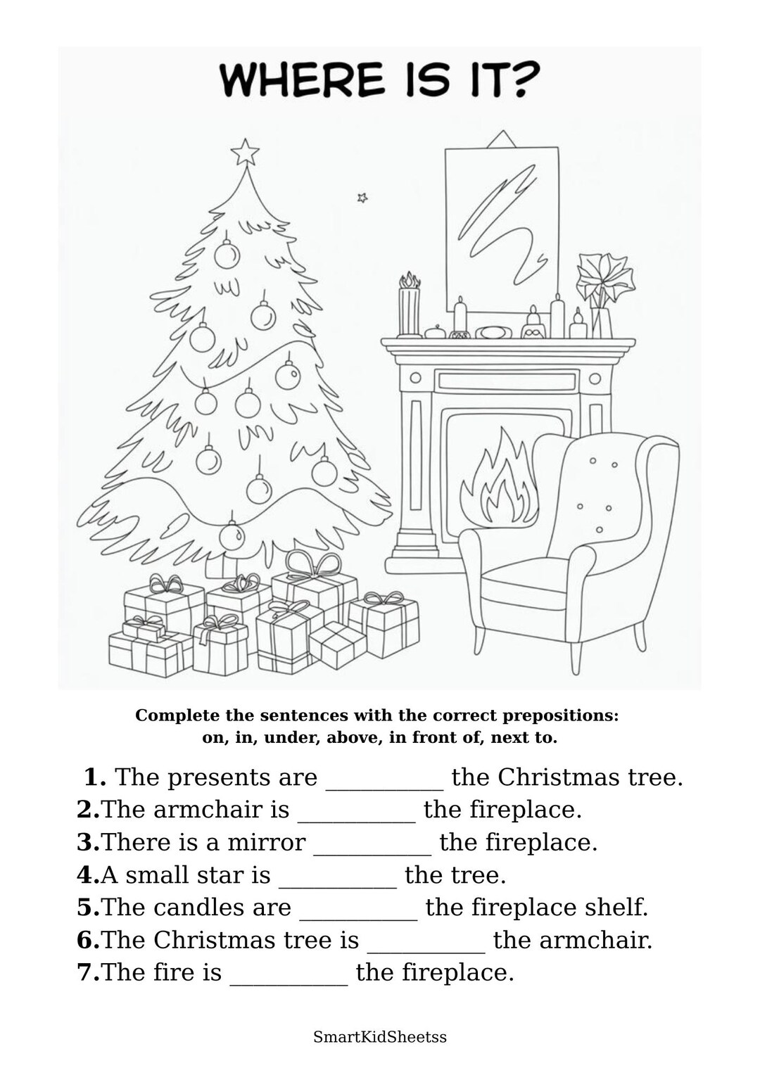 Christmas Prepositions Worksheet for Kids / Where is It? / ESL English ...