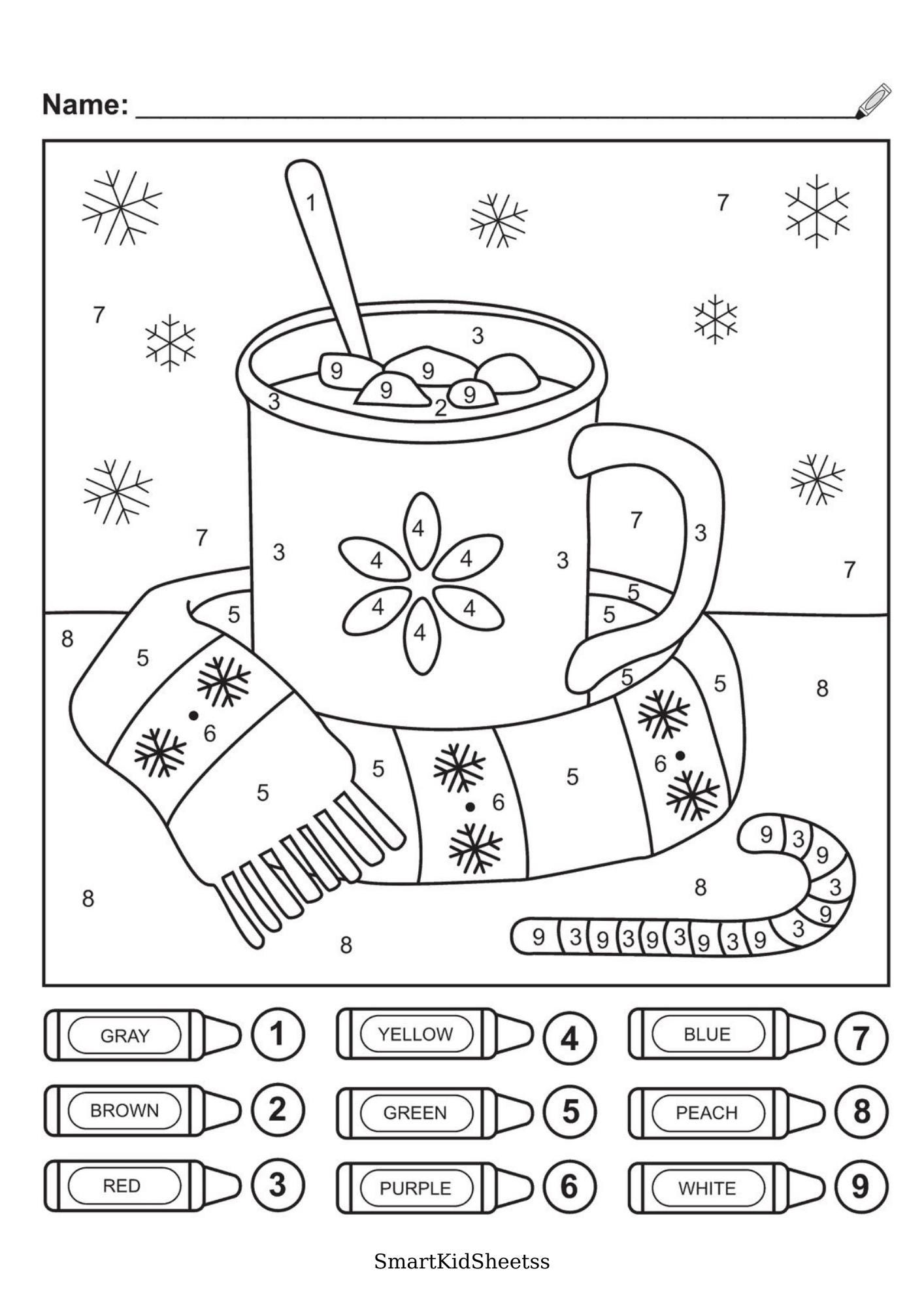 Winter Color by Number Worksheet / Hot Cocoa Coloring Page for Kids ...
