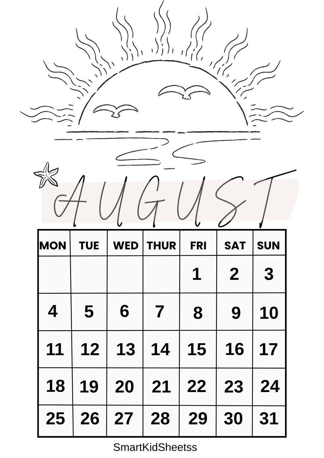 Printable August Calendar 2025 - Minimal Summer Sun Design | Cute ...