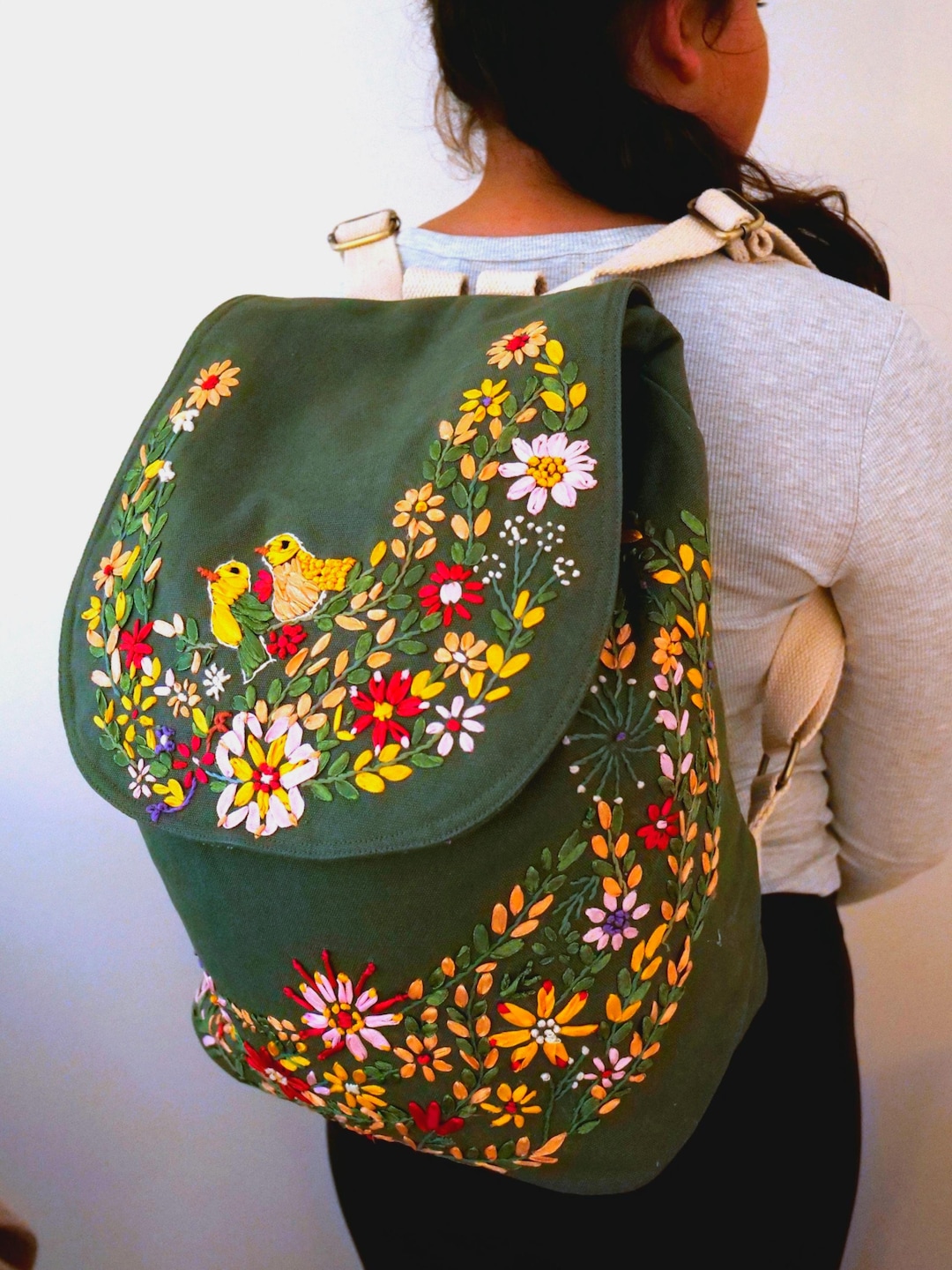 Handmade Embroidered Backpack, Fair Trade Bag. Top-end Silk Ribbon ...