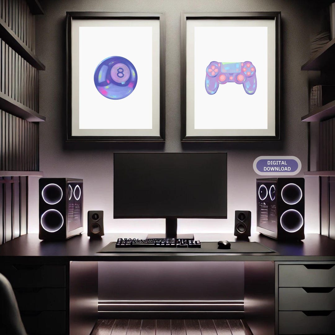 Holographic Game Controller & 8 Ball Art Prints: Purple Gaming Decor ...