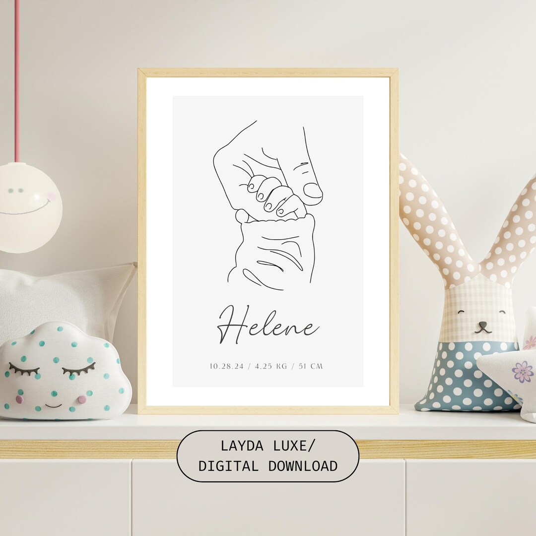 Personalized Minimalist Baby Birth Wall Art, Parents Holding Hand Line ...