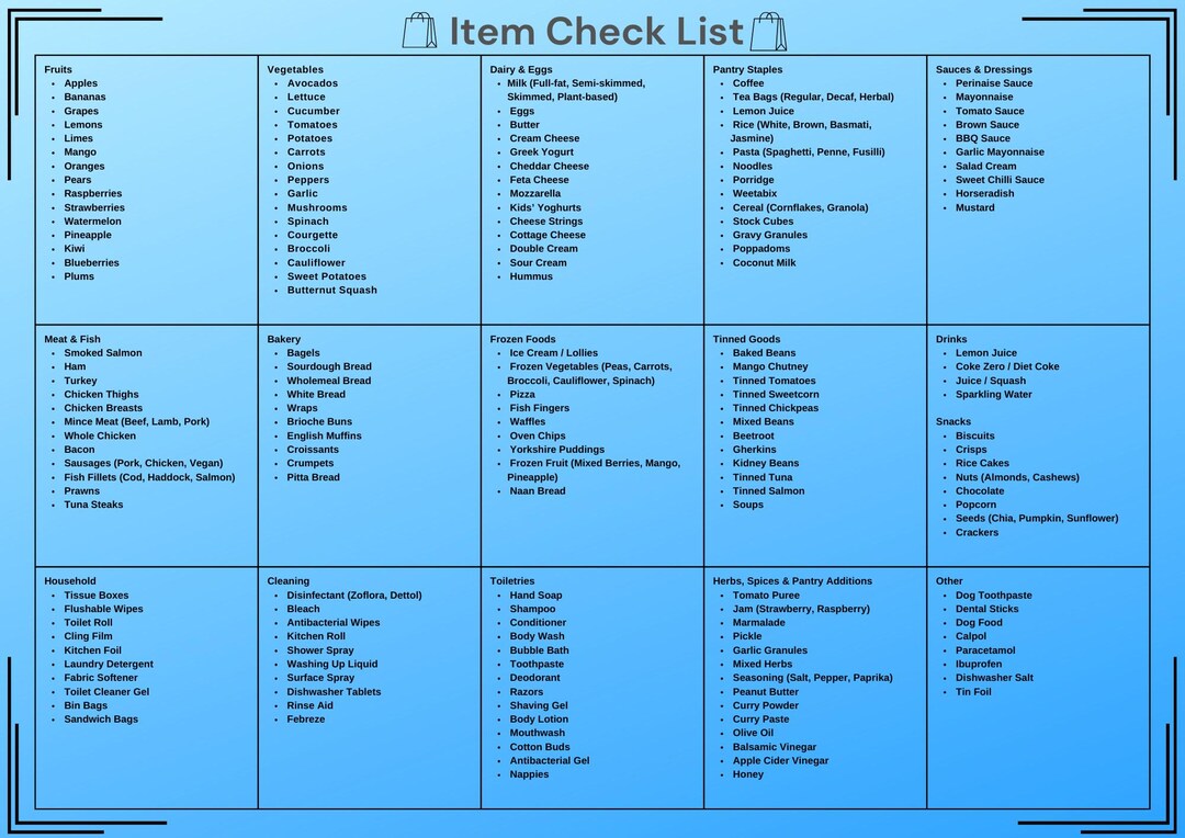 Printable Weekly Grocery List Household Shopping Checklist Organised ...