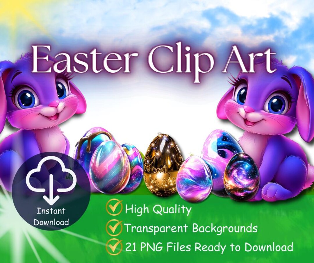 Cute Easter Bunny & Egg Digital Clip Art - Transparent Backgrounds ...
