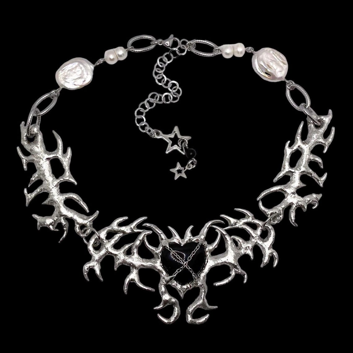 Gothic Abstract Metal Statement Necklace With Black Spiky Agate Heart ...