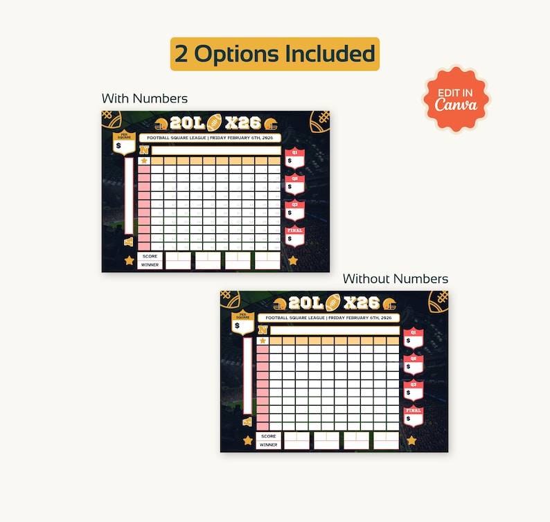 Editable Super Big Game Football 100 Squares Cards Football Super Big ...