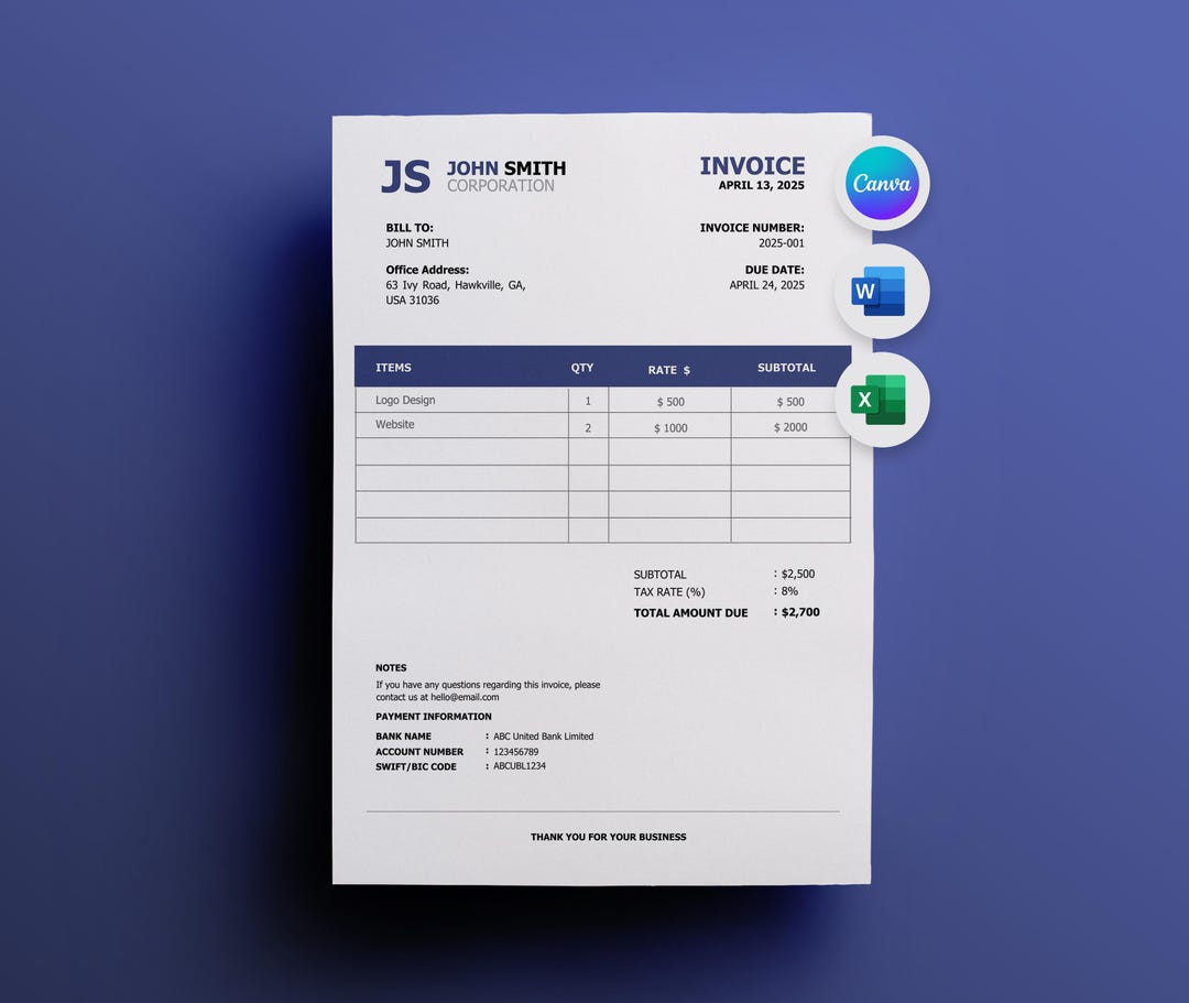 Minimalist Invoice Template: Editable Billing Form (word, Excel, Canva ...