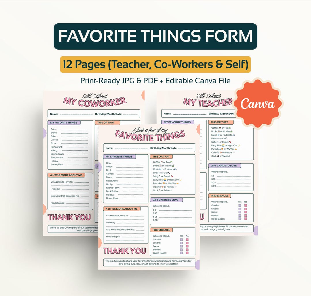 Employee Favorites List All About Me Questionnaire My Favorite Things ...