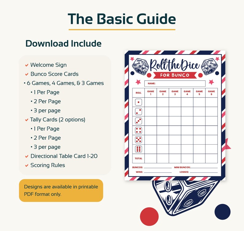 Printable Bunco Score Sheets, Tally Cards & Rules (PDF Bundle) - Etsy