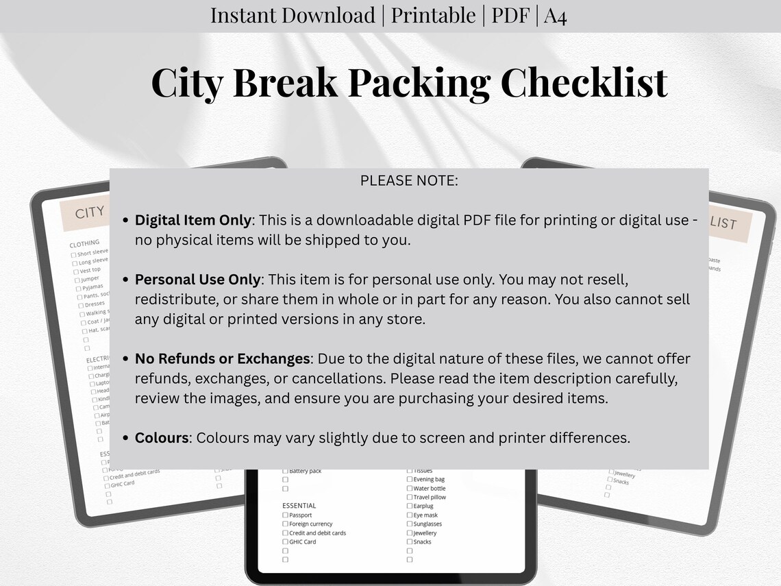 Printable City Break Packing Checklist PDF, Pre Filled Holiday Packing ...
