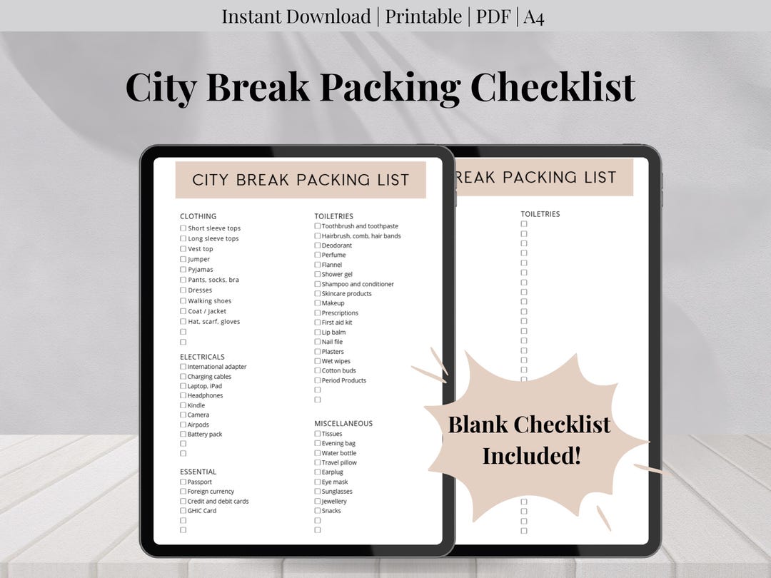 Printable City Break Packing Checklist PDF, Pre Filled Holiday Packing List, Blank Travel ...