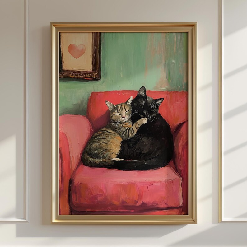 Two Cats Cuddling Art Print - Cute Home Decor - Printed Fine Art - Love ...