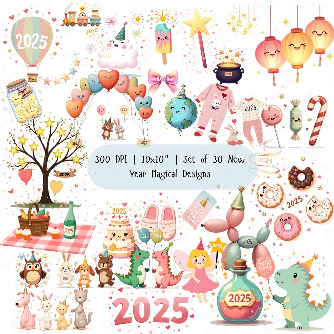 Cute Clipart Set 2025 Celebration | 300 DPI | 10x10" | Set of 30 New ...