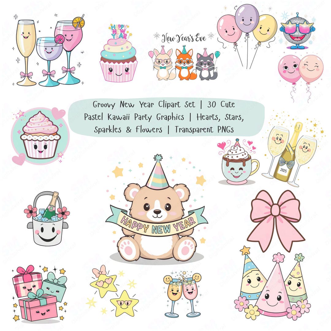 Groovy New Year Clipart Set | 30 Cute Pastel Kawaii Party Graphics ...