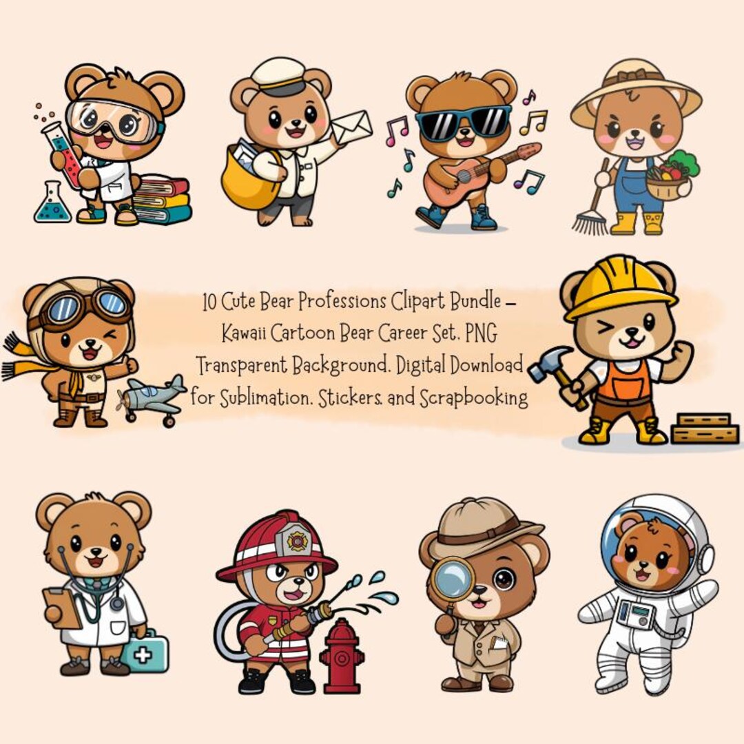 Cute Bear Professions Clipart Bundle – Kawaii Cartoon Career Bears PNG ...