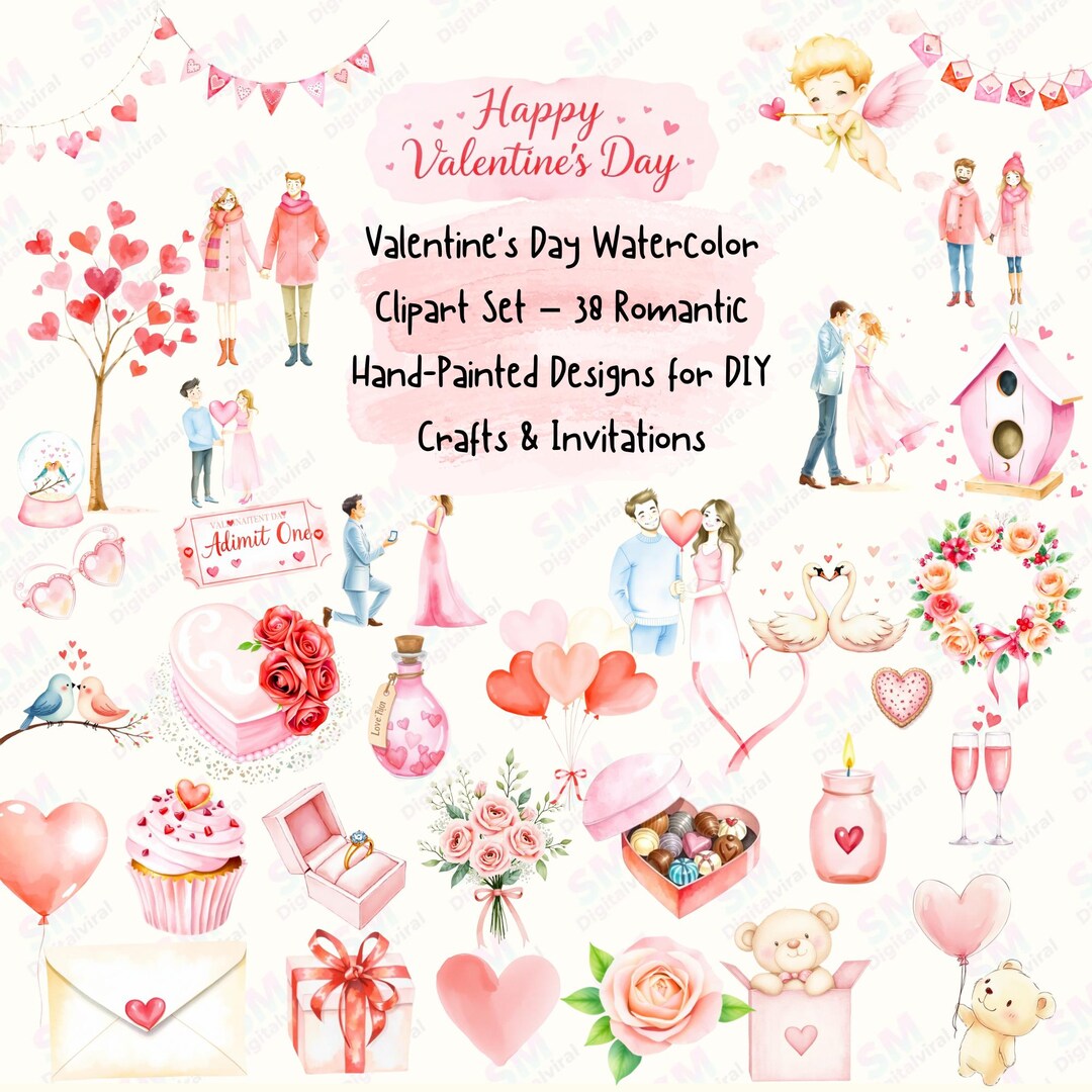 Valentine's Day Watercolor Clipart Set – 38 Romantic Hand-painted ...