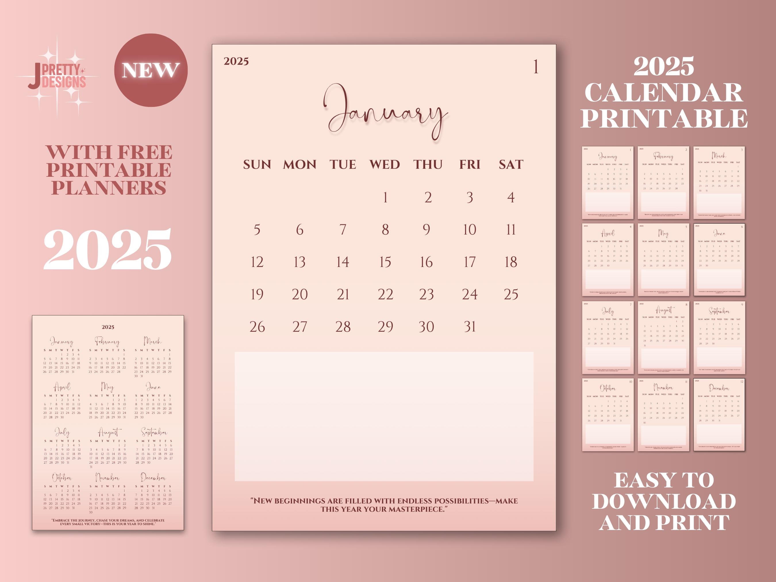 2025 Calendar Pink Minimalist Printable, Monthly Calendar, New Year ...