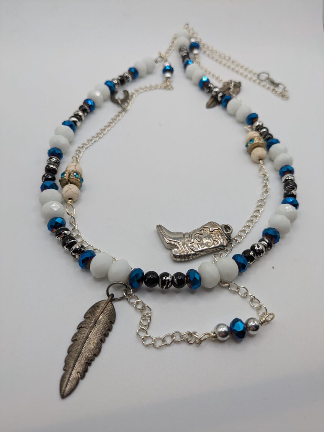 Western Blue Beaded Necklace, Western Beaded Jewelry, Western Chain ...