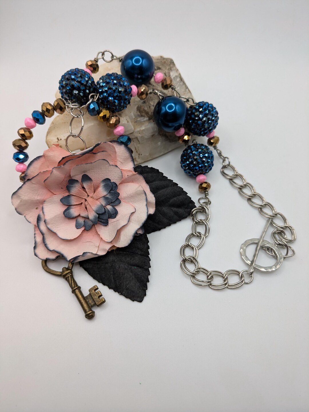 Pink Flower Key Necklace, Blue Chunky Beaded Necklace, Flower Key ...