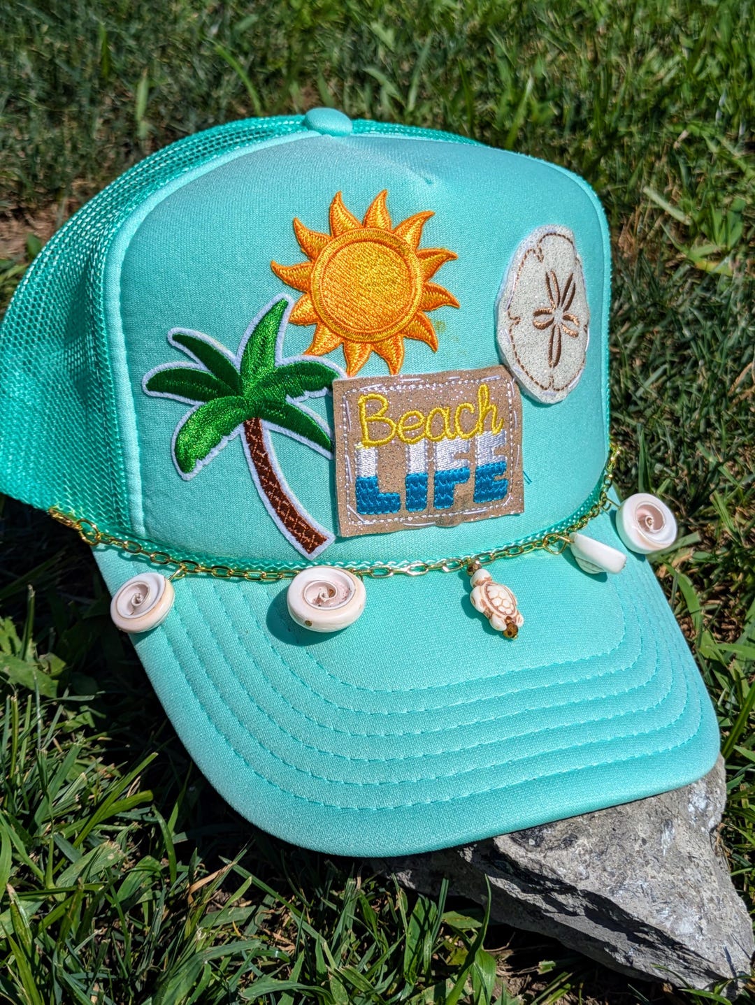 Aqua Blue Beach Life Trucker Cap, Seashell Turtle Beads - Etsy