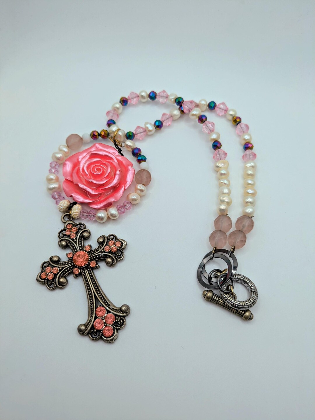 Pink Rose Beaded Necklace, Pink Cross Jewelry, Pink Cross Beaded ...