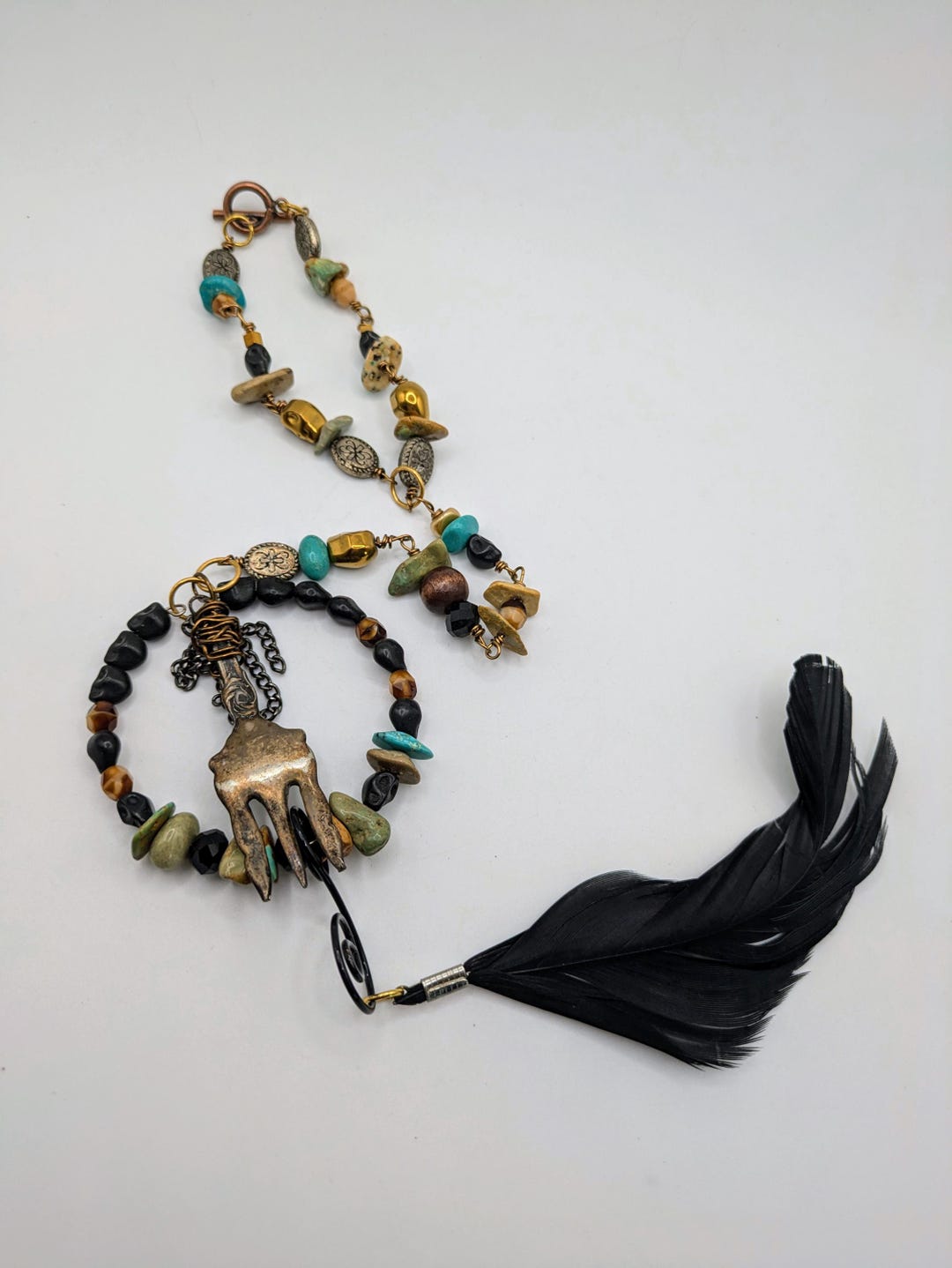 Vintage Fork Car Accessory, Black Feather Car Accessory, Boho Feather ...