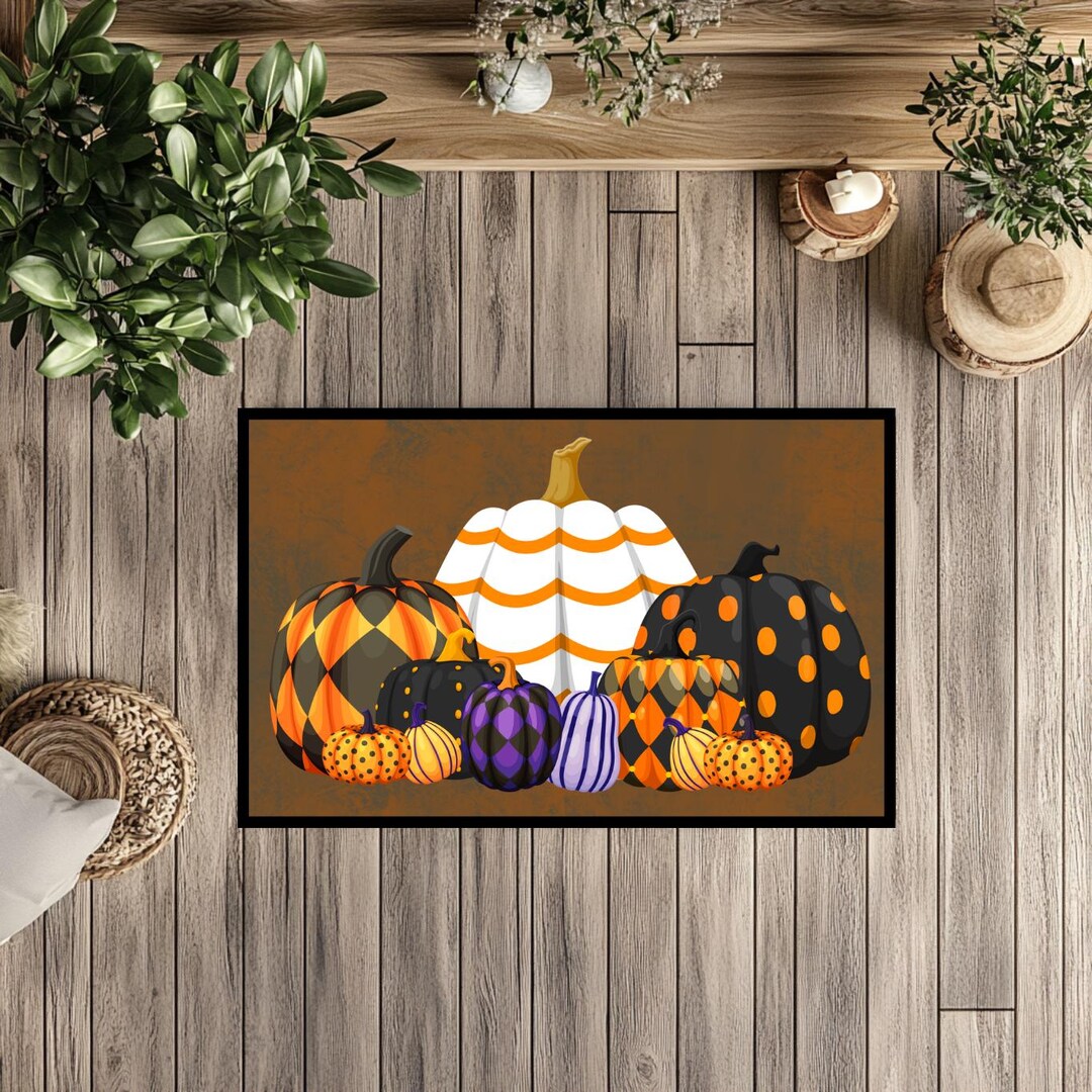 Halloween Pumpkin Doormat: Harlequin Fall Rug - Spooky Porch Decor ...
