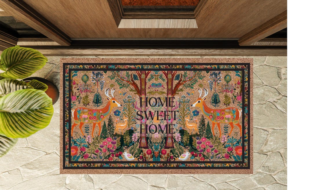 Boho Forest Animal Doormat – Home Sweet Home Welcome Mat, Colorful Deer ...