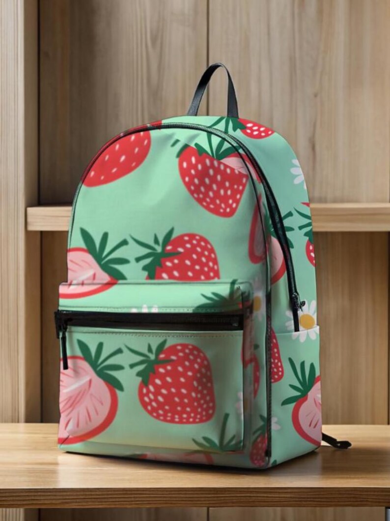 Cute Strawberry Print Backpack, Kawaii Green Bookbag With Red Fruit ...