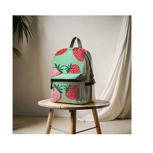 Cute Strawberry Print Backpack, Kawaii Green Bookbag With Red Fruit ...